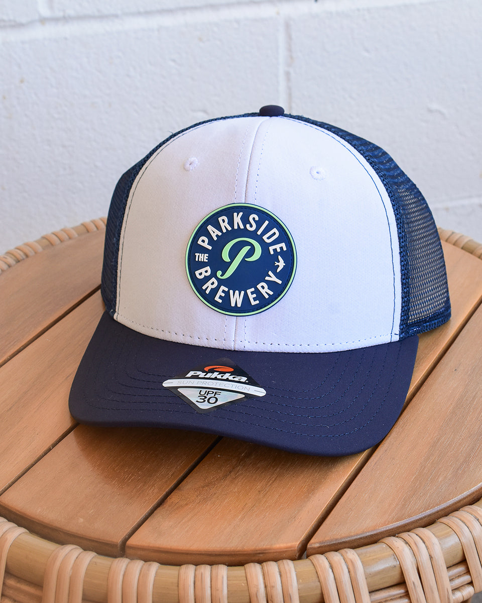 White & Navy Mid Crown Mesh Snapback Hat - Round Logo Patch – The ...